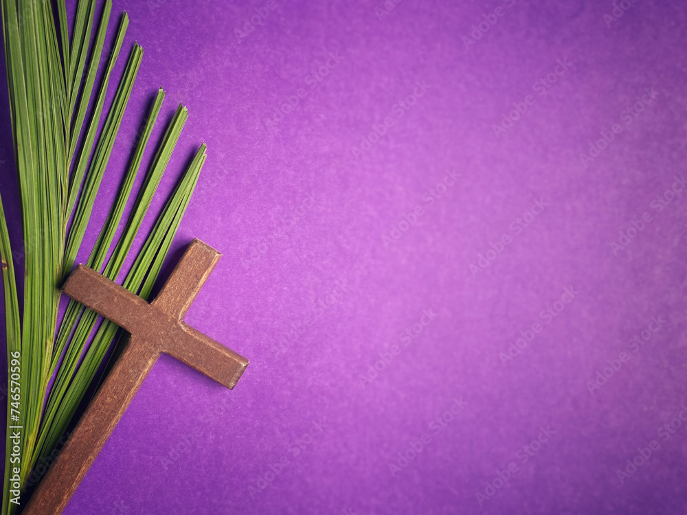 Holy Week, Lent, Palm Sunday, Good Friday, Easter Sunday Concept. Cross shaped and palm leaf in ...