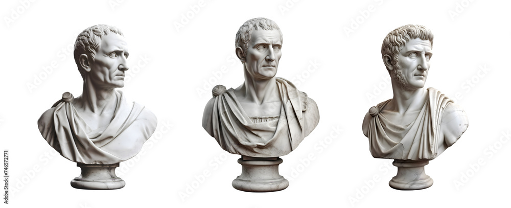 Busts of Roman patricians on a transparent background. Marble sculpture ...