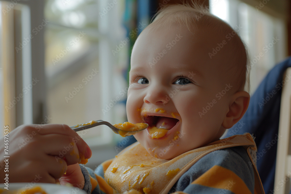 Baby's first taste of solid food, spoon feeding moment, joyful and ...