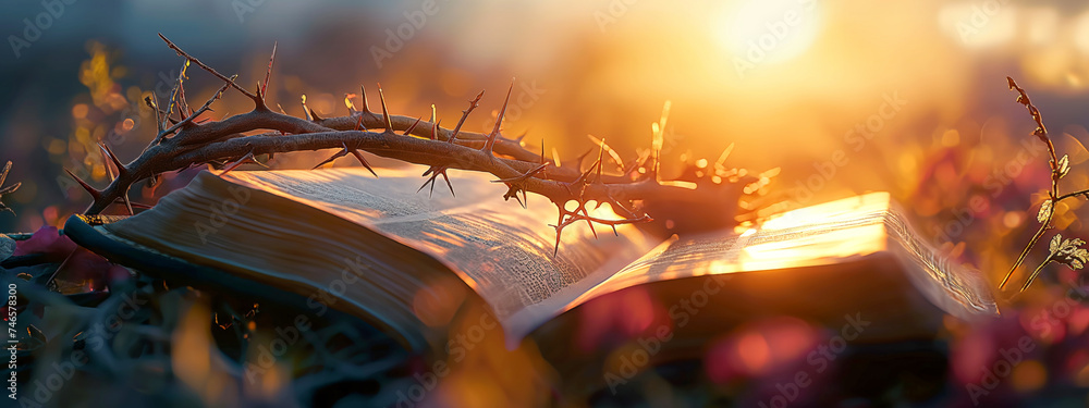 Holy Bible, Crown of thorns on backdrop of sunset or sunrise. Christian ...