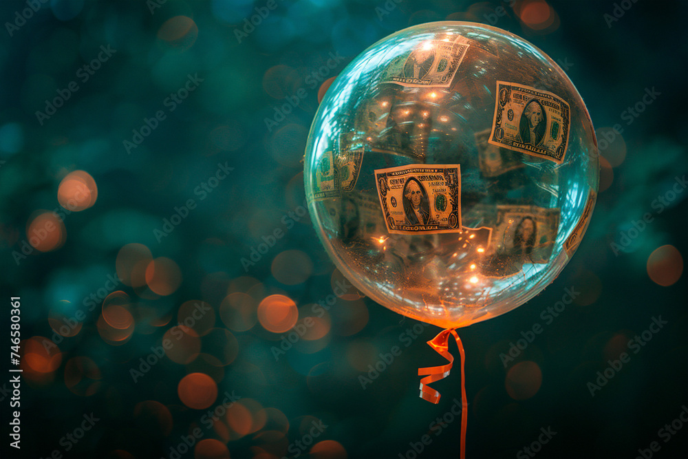 Inflation as a balloon filled with currency symbols, expanding ...