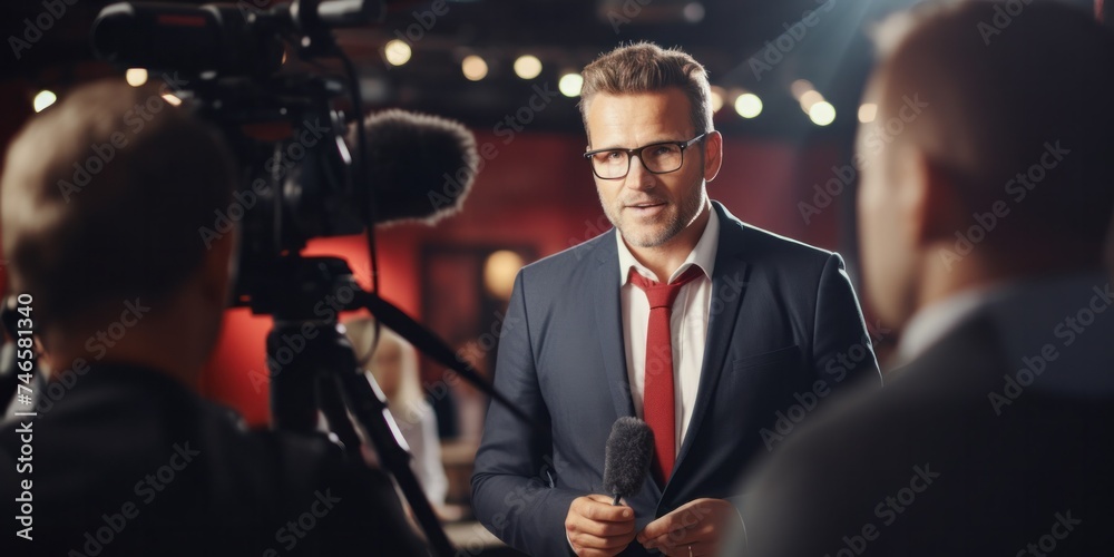 Filming interview. Behind the scenes Cameraman working with ...