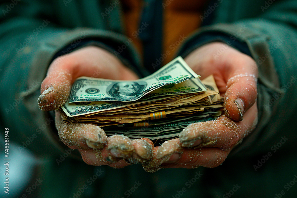Person holding a handful of cash of hard-earned money, underscoring the ...