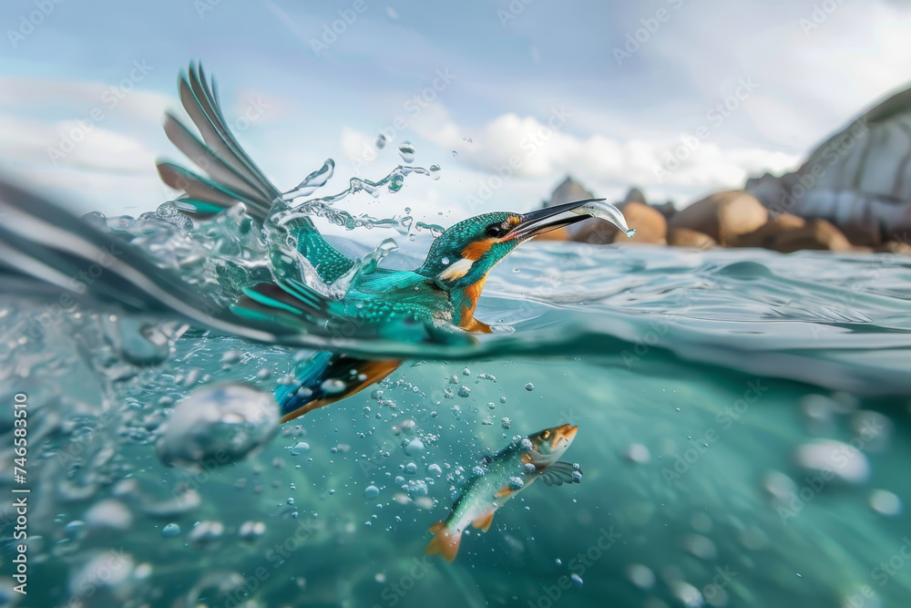 A female kingfisher emerges from the water, dives to catch a fish ...