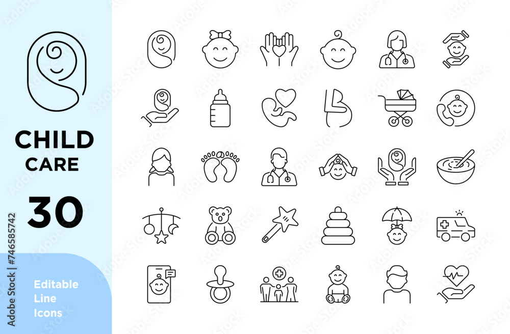 Child care icons in line editable. Baby, Care, support, safety ...