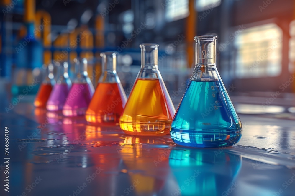 Eye-catching image of vibrant Erlenmeyer flasks containing colorful ...