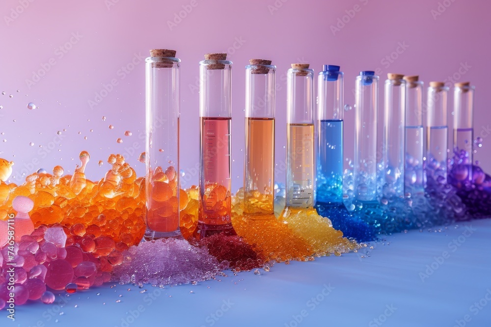 Vibrant test tubes standing in a row with splashing liquids ...