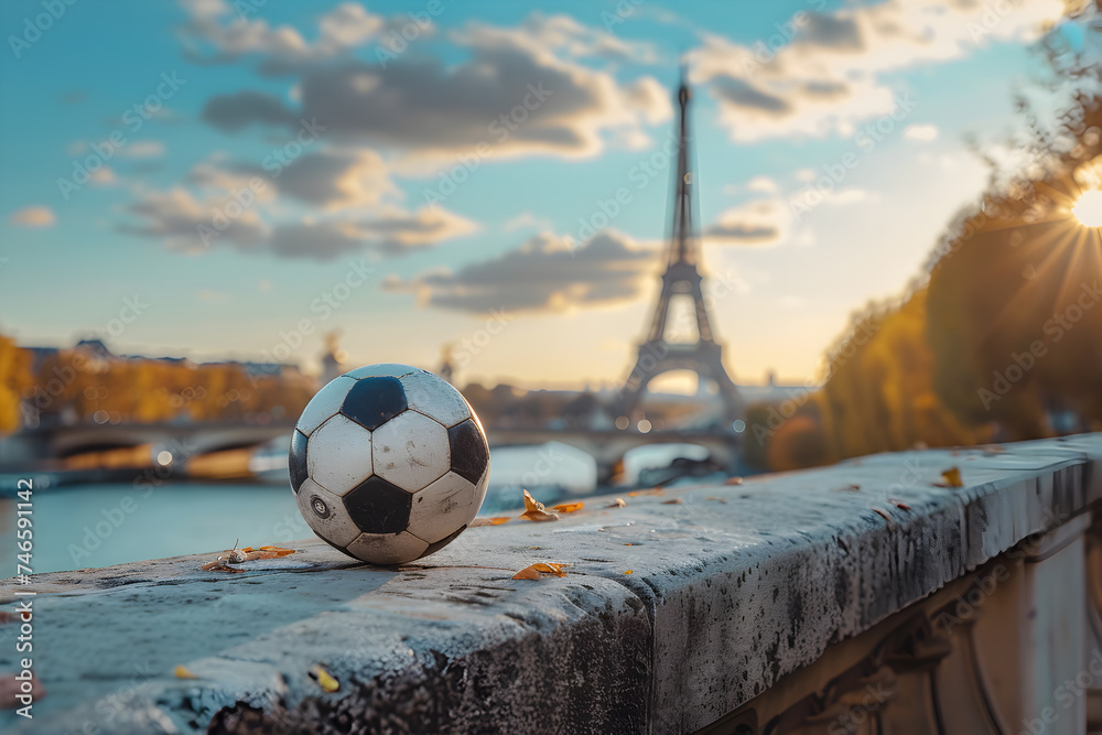 A soccer ball on a parapet against the backdrop of fictional views of ...