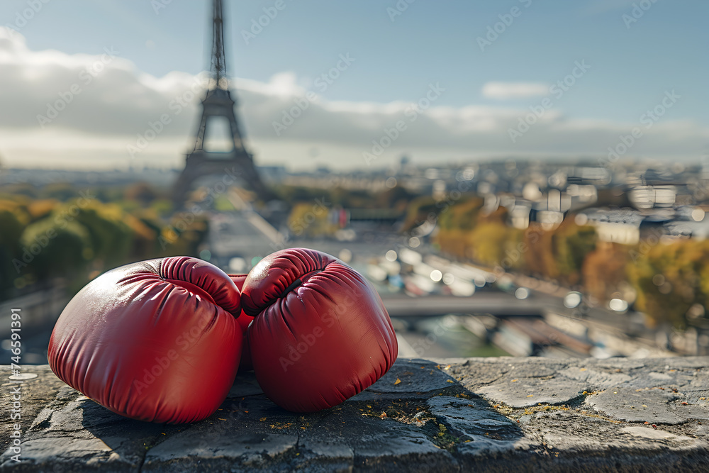 Boxing gloves on the parapet against the backdrop of fictional views of ...