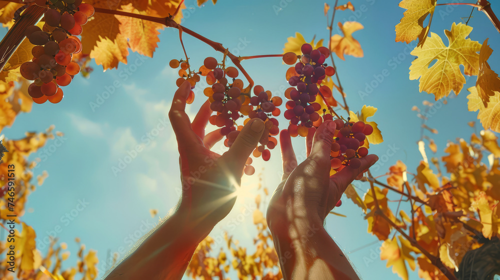 Raccolta nei vigneti, mani che afferrano delicatamente i grappoli d'uva ...