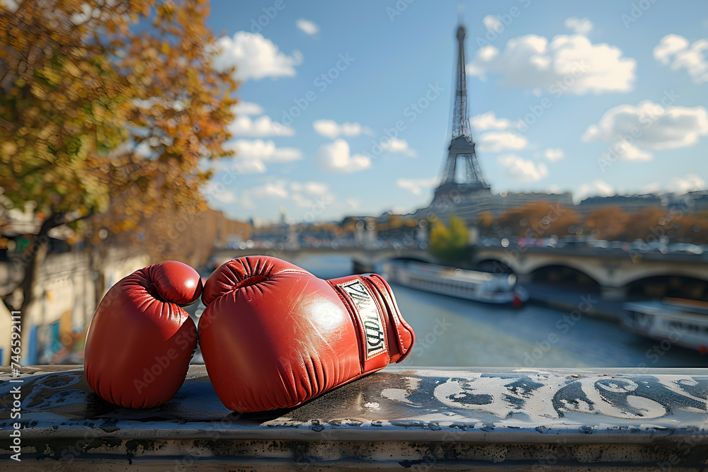 Boxing gloves on the parapet against the backdrop of fictional views of ...