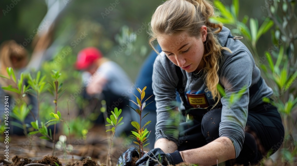 Amidst serene embrace of nature, a young woman passionately tends to ...
