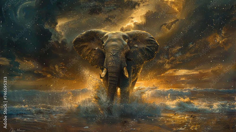 Powerful elephant surges forward amidst tumultuous ocean waves under a ...