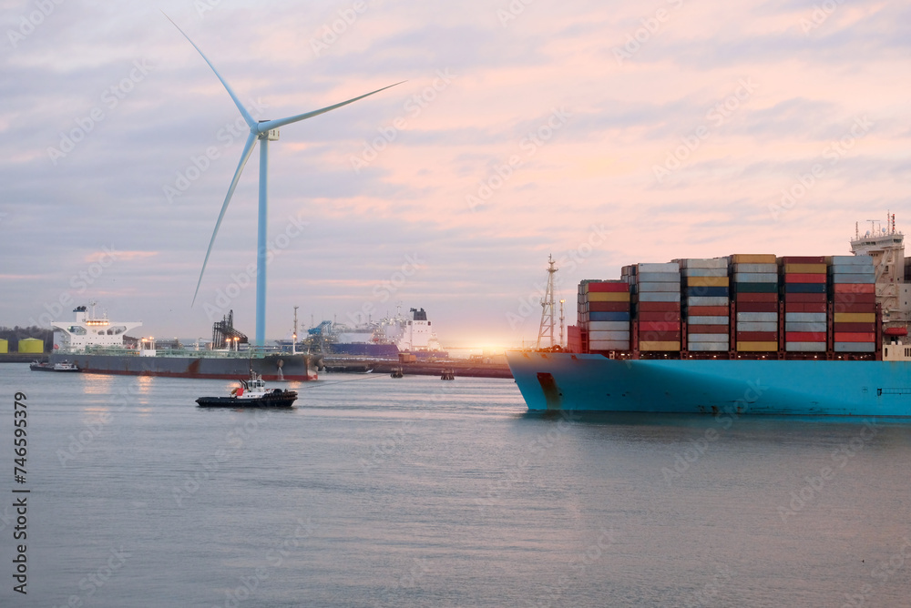 Container Cargo Freight Ship With Containers Under Tug Assistance With ...