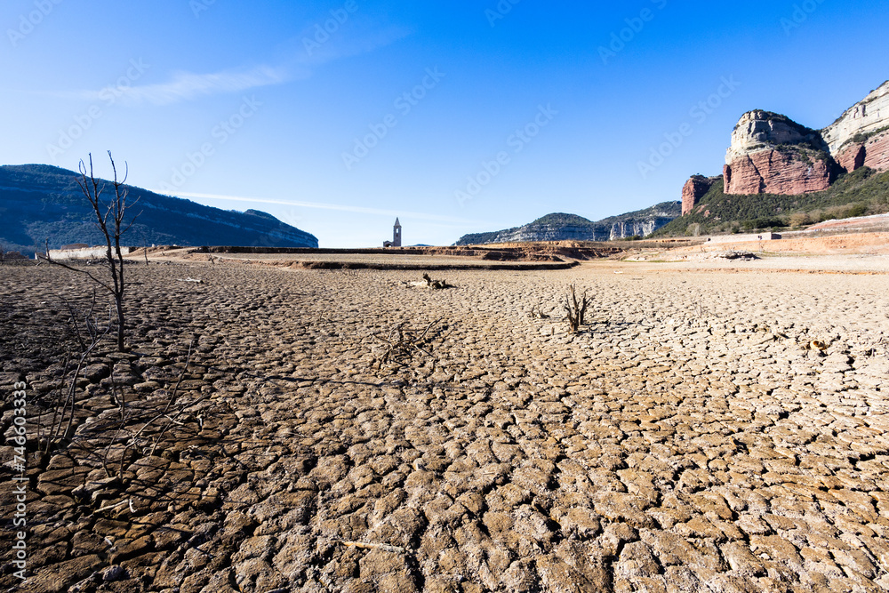 Lack water Sau Reservoir. The swamp is at very low water levels due to ...