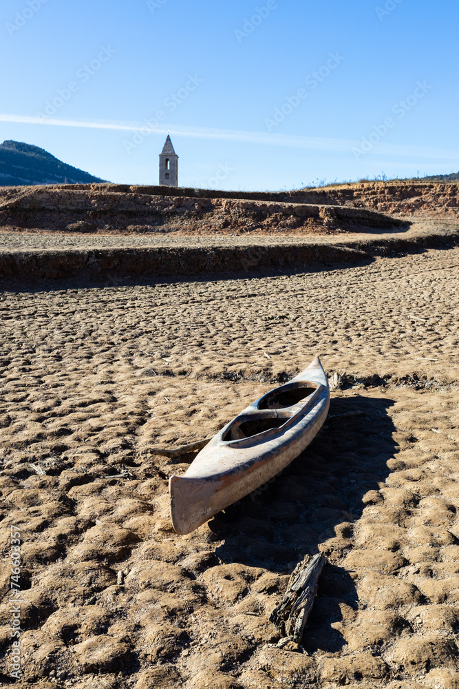 Lack water Sau Reservoir. The swamp is at very low water levels due to ...