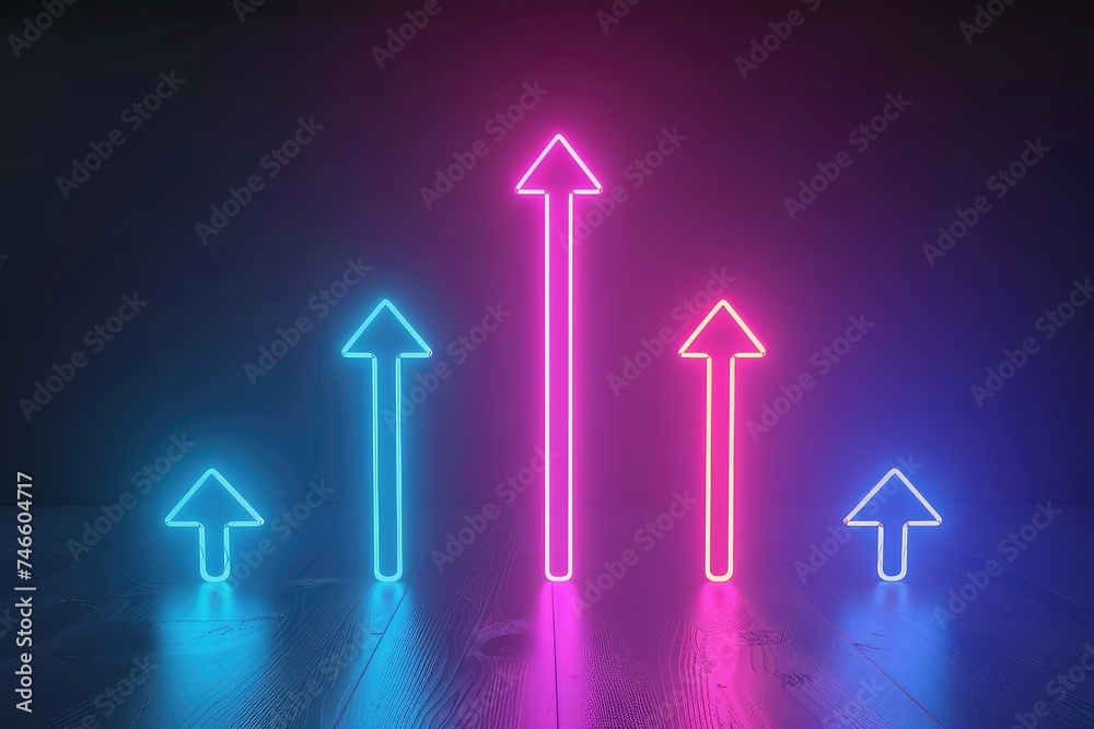 Growing arrow up with bright glowing futuristic blue neon lights on ...