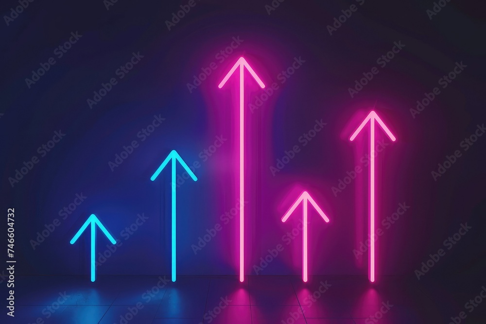 Growing arrow up with bright glowing futuristic blue neon lights on ...
