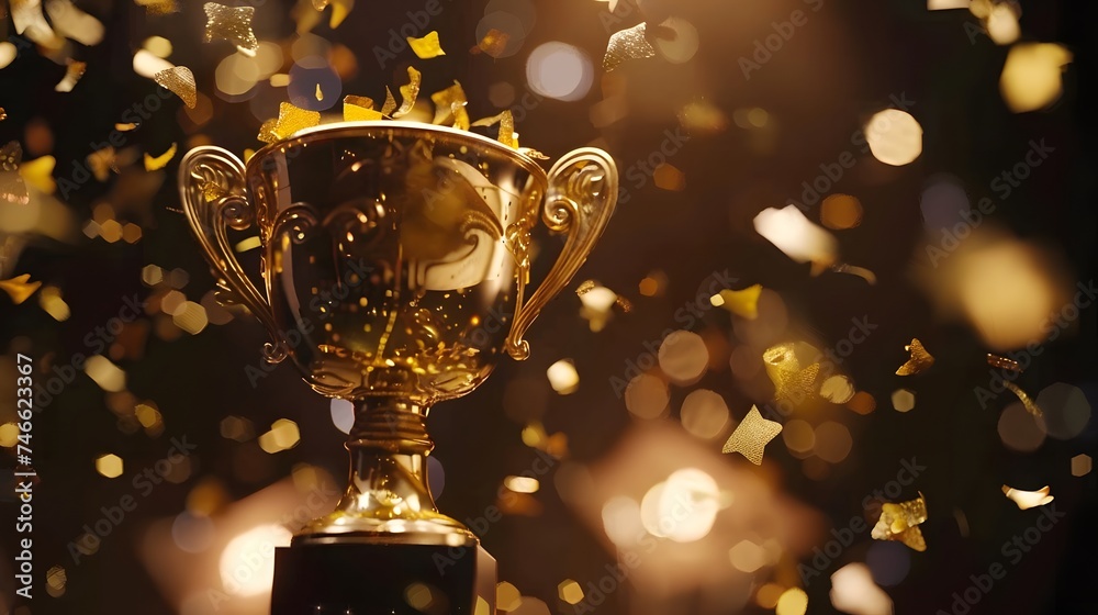 Gold first place winners trophy with falling confetti, champion golden ...