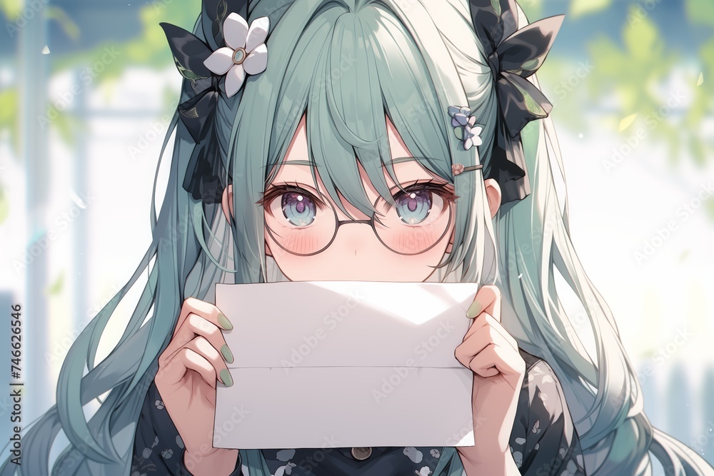 Anime Girl showing blank paper. Anime girl presenting blank paper ...