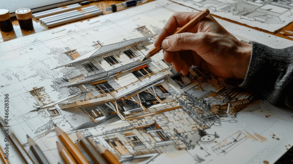 Hand drafting a design villa and the building becoming real Stock ...