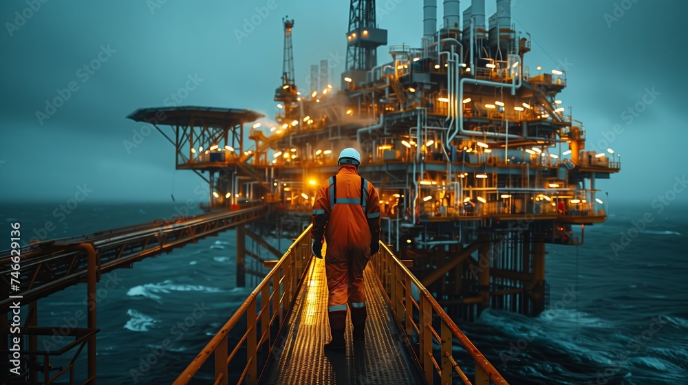 Oil rig worker in a orange coverall and safety helmet stands on an ...