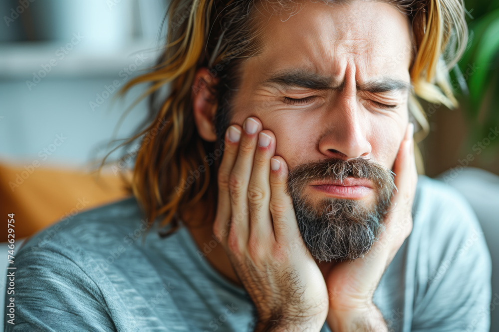 Man with toothache, periodontal disease in wisdom teeth, gum ...