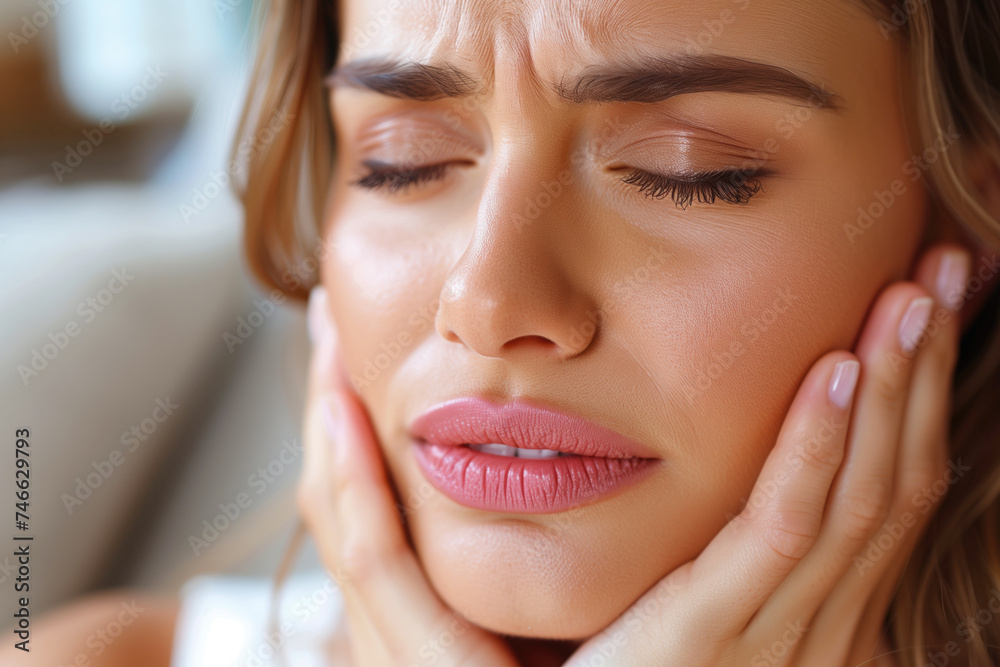 Young woman with toothache, periodontal disease in wisdom teeth, gum ...