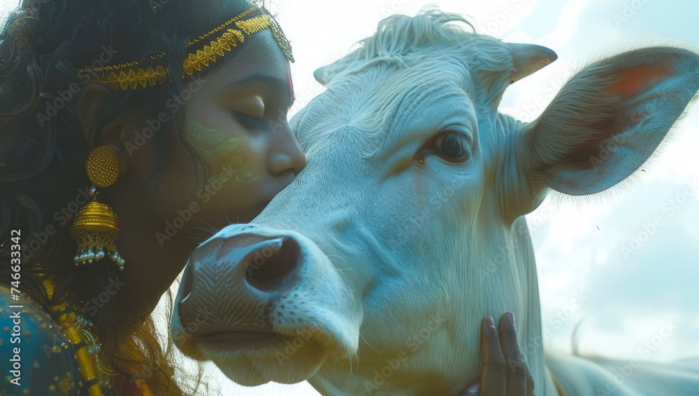 the cow is kissed by the deity child, in the style of photorealistic ...