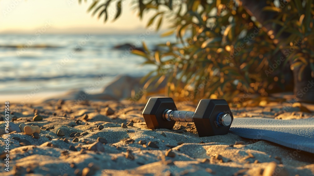 Ground scene with a dumbbell and yoga mat picturing the essentials for ...
