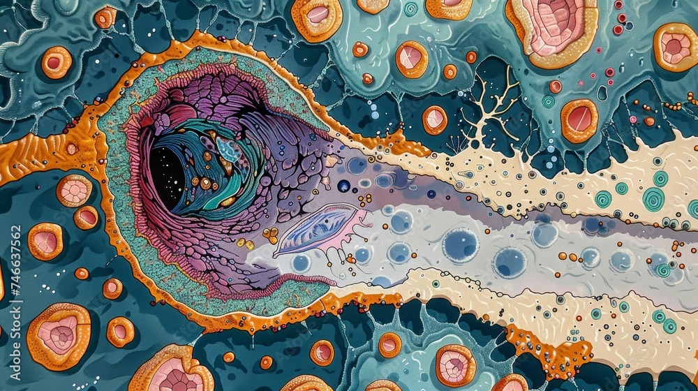 Abstract and colorful artistic illustration of cellular structures and ...
