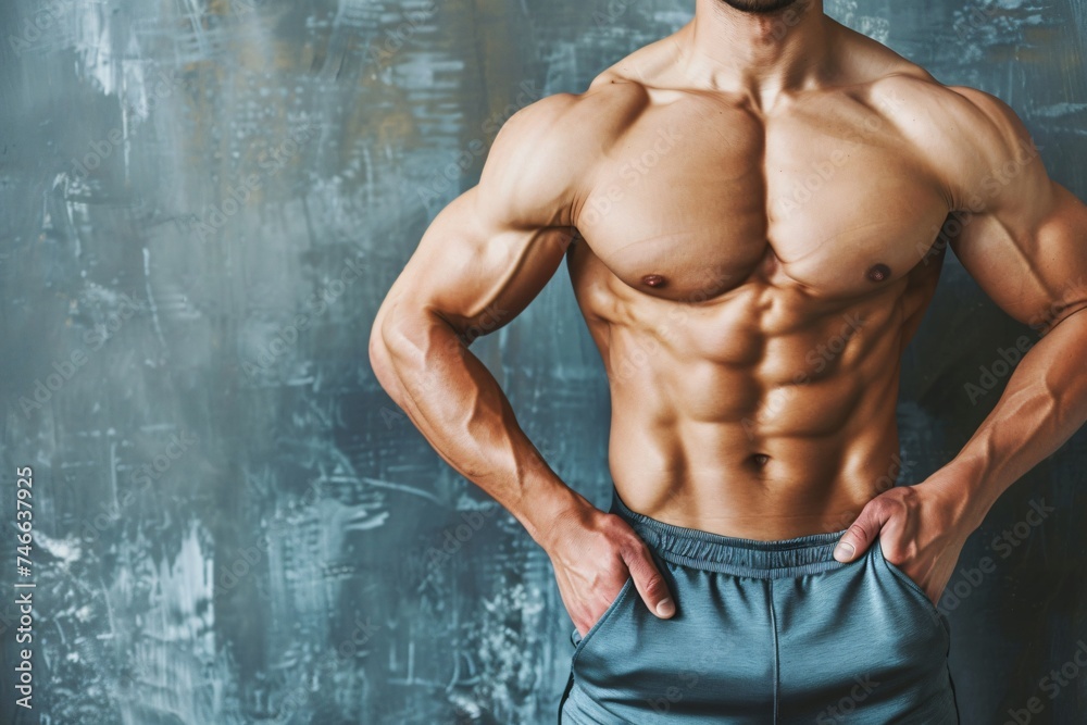 Man showcasing a sculpted six pack set against a stark plain background ...