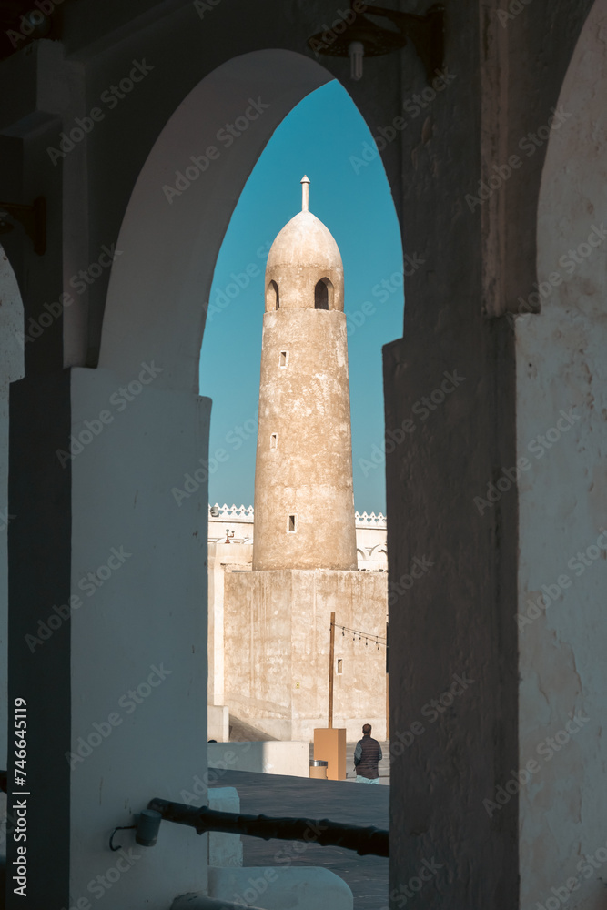Doha, Qatar - February 8, 2024: The minaret of Al Ahmed Mosque through ...