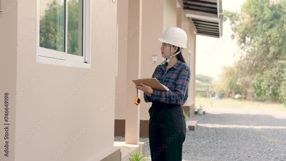 Asian female building inspector carefully inspects the exterior of the ...