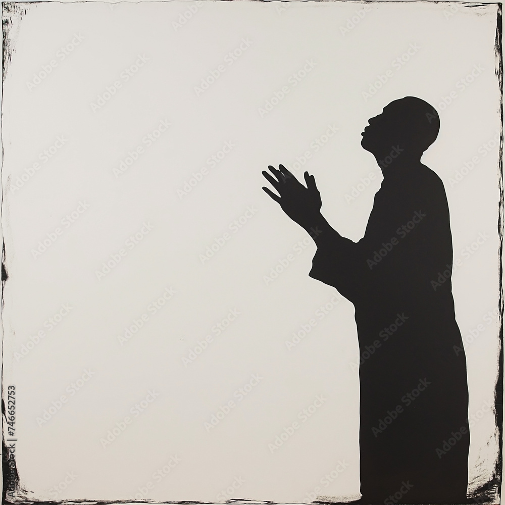 black silhouette of muslim man praying in front of a white background ...