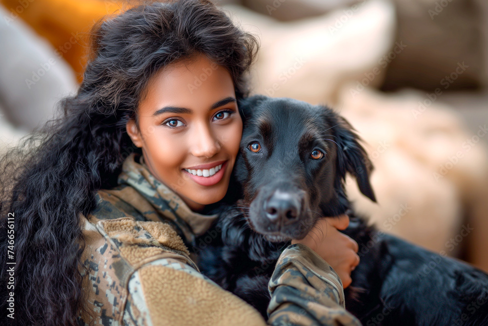 Beautiful multiracial woman military soldier veteran in uniform hugs ...