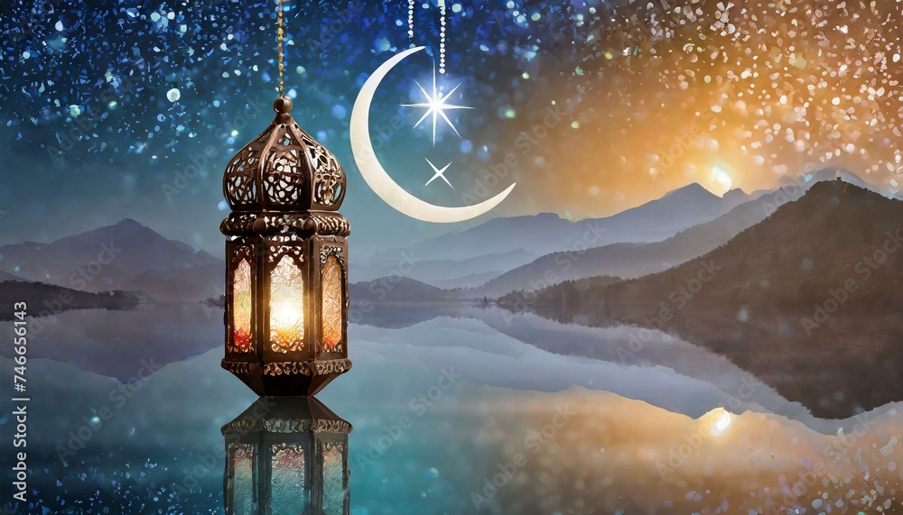 Ramadan Kareem greeting card. An illuminated ramadan lantern against ...