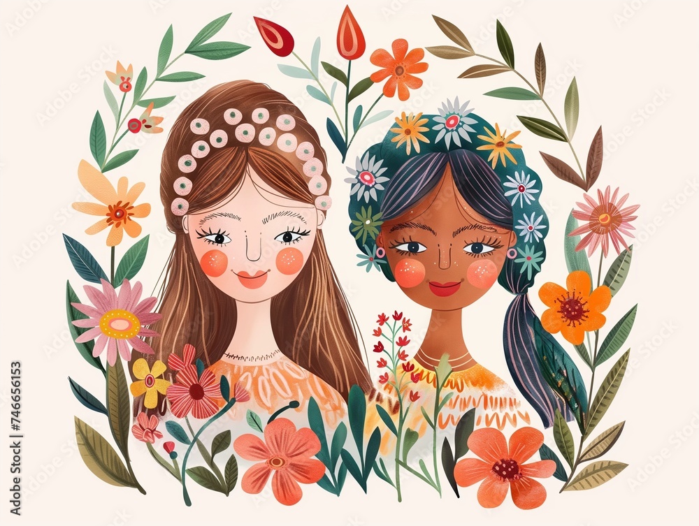 Fun naive cartoon illustration representing happy, smiling girls with ...