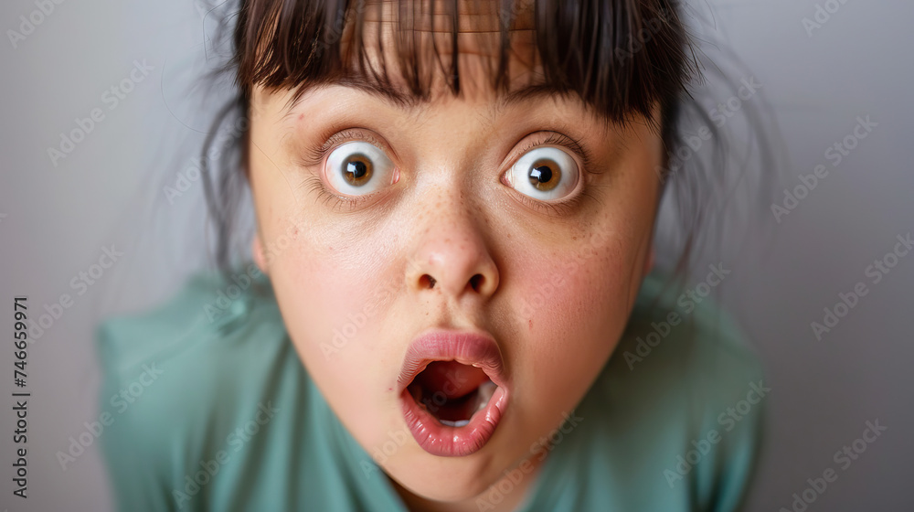 A biracial teenage girl with Down syndrome looking surprised and ...