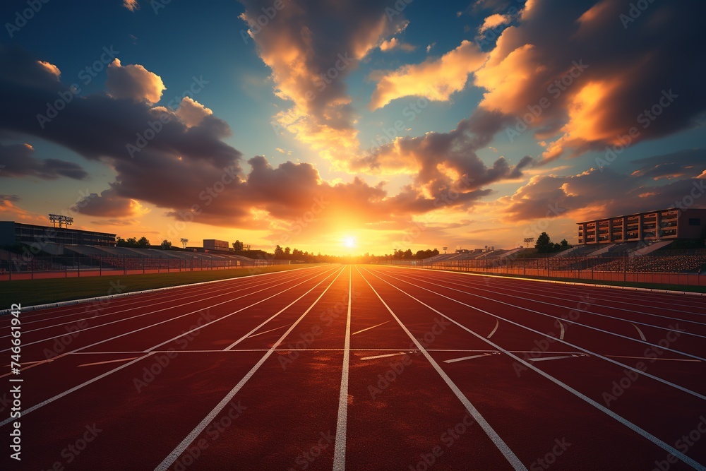 a running track at sunset, in the style of photorealistic landscapes ...