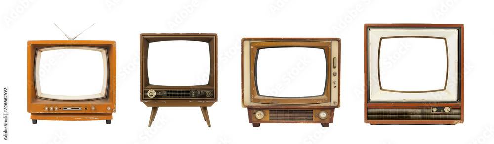 Collection set of four retro TV sets, old vintage mid-century televison ...