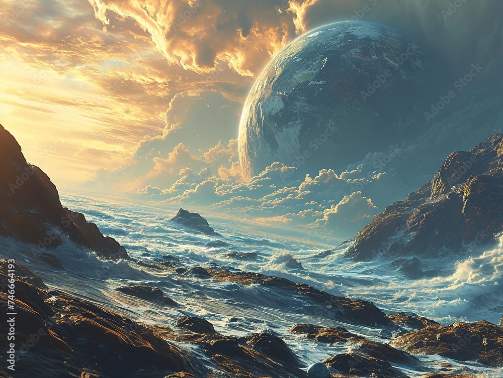 a simulated image of earth and water surrounding it, in the style of ...