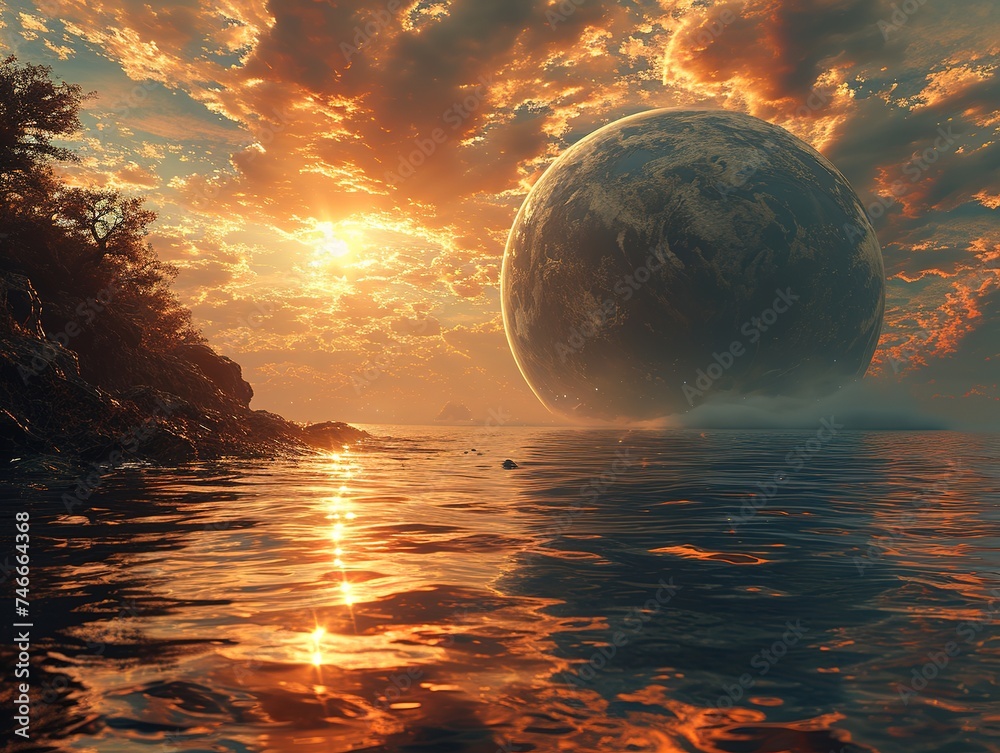 a simulated image of earth and water surrounding it, in the style of ...
