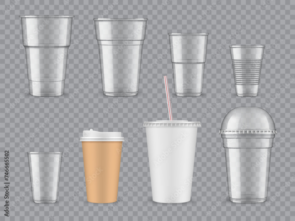 Transparent plastic and paper cups. Coffee, juice and tea takeaway ...