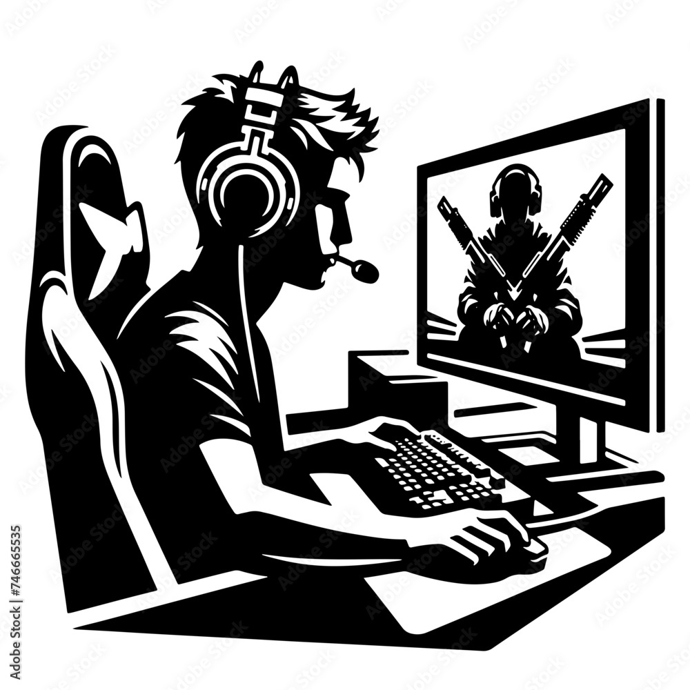 Cartoon Black and White Isolated Illustration Vector Of A Gamer Boy ...