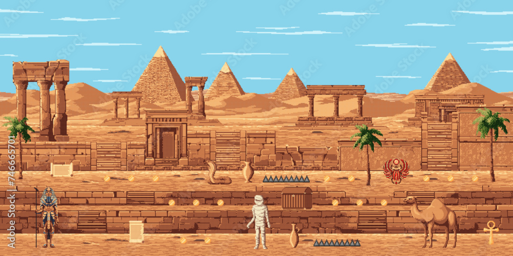 8bit pixel art arcade game level map with ancient Egypt pyramids and ...