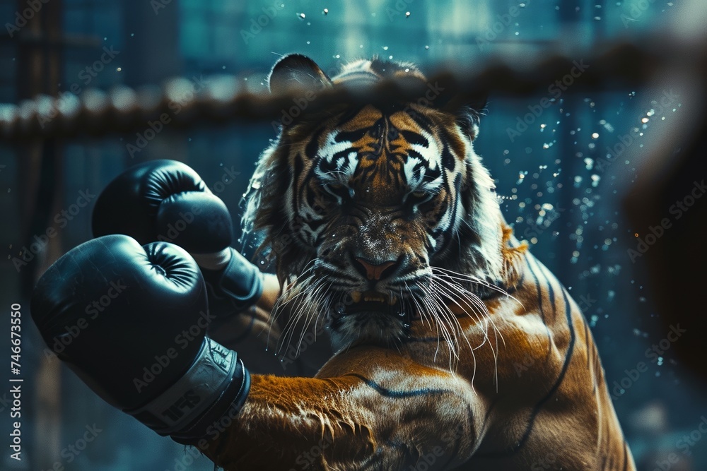 A gritty gym atmosphere featuring a tiger in boxer attire, with gloves ...