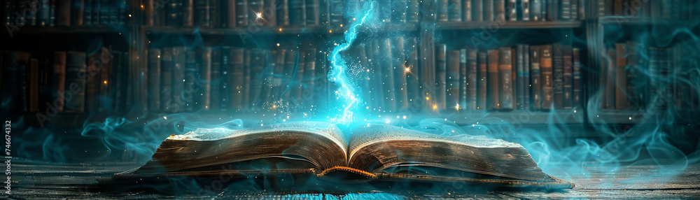 Grimoires and incantations, arcane symbols glowing, old library Stock ...