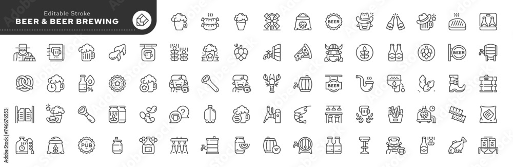 Set of line icons in linear style. Set - Beer and beer brewing. Foamy ...