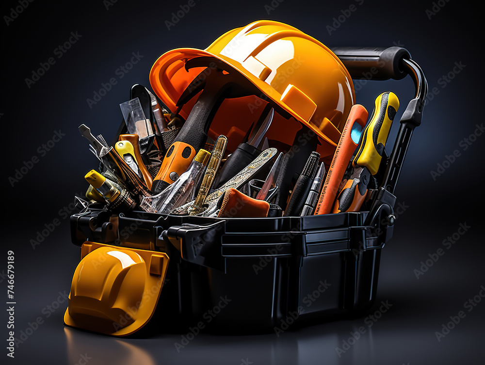 Open plastic tool kit box with construction safety helmet and various ...